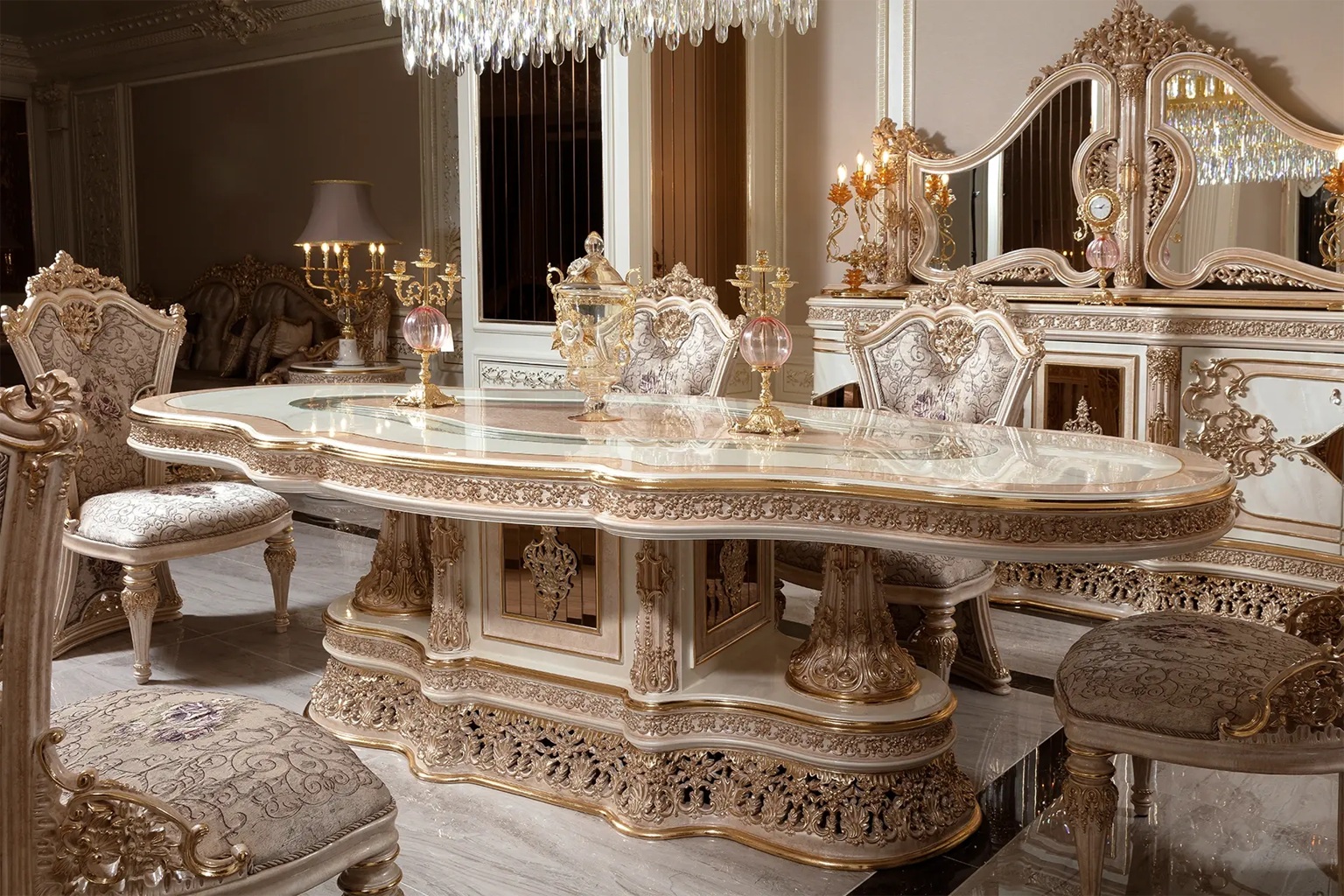 Premium Cream & Gold Dining Set – Hand-Carved 6-Seater Table ...